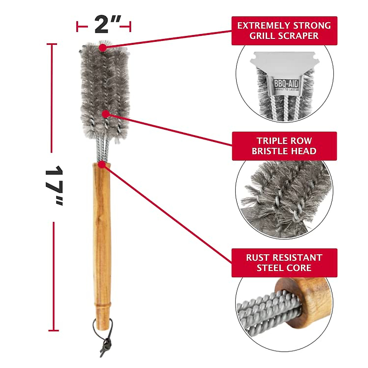 BBQ-AID All Angles BBQ Grill Brush for Outdoor Grill – Cleans All Angles, Large Wooden Handle, and Stainless Steel Bristles - BBQ Brush for Grill Cleaning – Grill Cleaner Brush Safe for BBQ and Grill