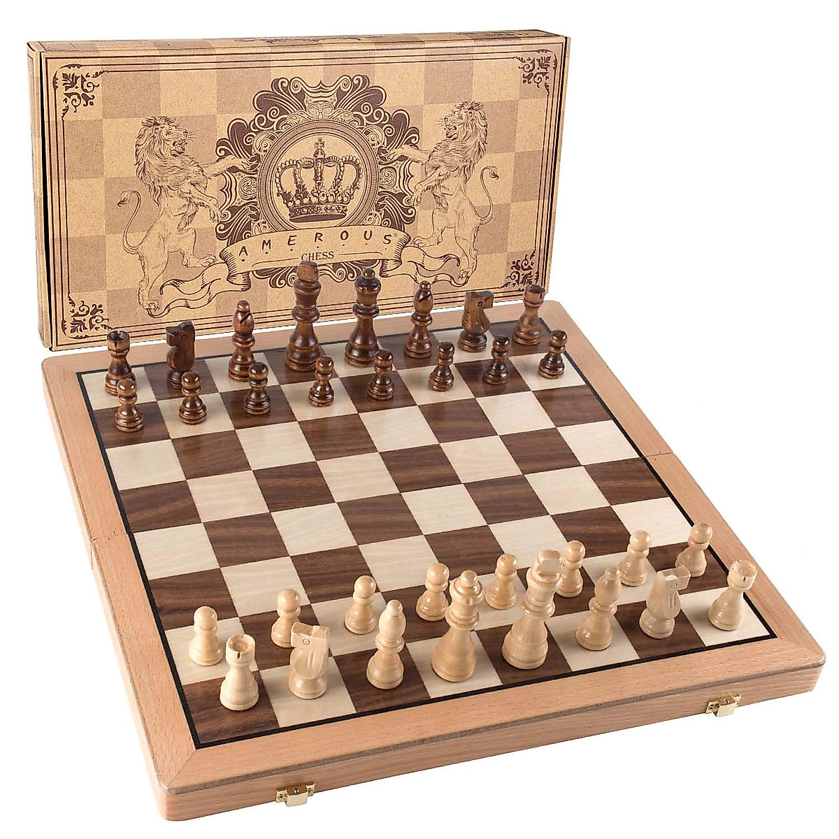 AMEROUS Magnetic Wooden Chess Set, 15 Inches Handmade Wooden Folding Travel Chess Board Game Sets with Chessmen Storage Slots for Kids and Adults, 2 Bonus Extra Queens, Gift Box Packed