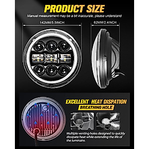 5.75" Motorcycle LED Headlights with Projector Hi/Lo Beam+ Amber/White DRL, Halo Ring, 5 3/4 Inch LED Sealed Beam Round Lights DOT Approved(2PCS)