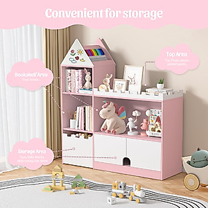 Decofy Toy Storage Organizer, Wood Kids Castle Bookshelf, 6 Cubby Children Bookcase, Montessori Book Shelf for Nursery, Playroom, Living Room [Size: 39.4" L* 11.8" W * 39.4" H] Pink