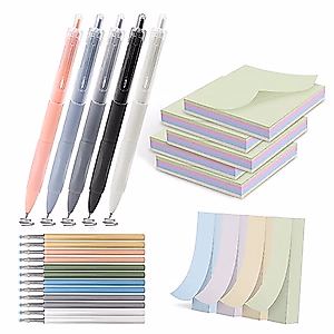 Sonuimy Black Ink Gel Pen with Sticky Notes, 5pcs Journaling Pens & 12pcs Refills & 500sheets Assorted Colors Sticky Note & 400sheets Book Tabs for Office School College Planner Kid Student