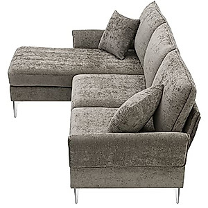 FANYE 84" L-Shaped Upholstered Corner Sectional 3 Seaters Sofa, Modern Chenille Upholstery Metal Legs Couch with Reversible Chaise and 2 Pillows for Home Apartment Office Living Room, Taupe