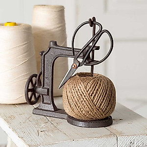 YukaBa 520057 Sewing Machine Jute Twine Ball String and Scissors Holder Set, Vintage Inspired Rustic Farmhouse Style, Gift for Sewer Sewist Crafter, Cast Iron Metal, Brown, 3 Piece Set