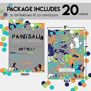 Paintball Themed Birthday Party Invitations, 20 5x7 Fill In Cards with Twenty White Envelopes by AmandaCreation