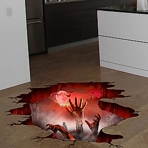 Scary Halloween Floor Wall Stickers 3D Ghost Floor Decals Art Decorations, Red Moon Cobweb Zombie Wall Floor Stickers Ghost Hands Scratching Decals for Living Room Bar Pub