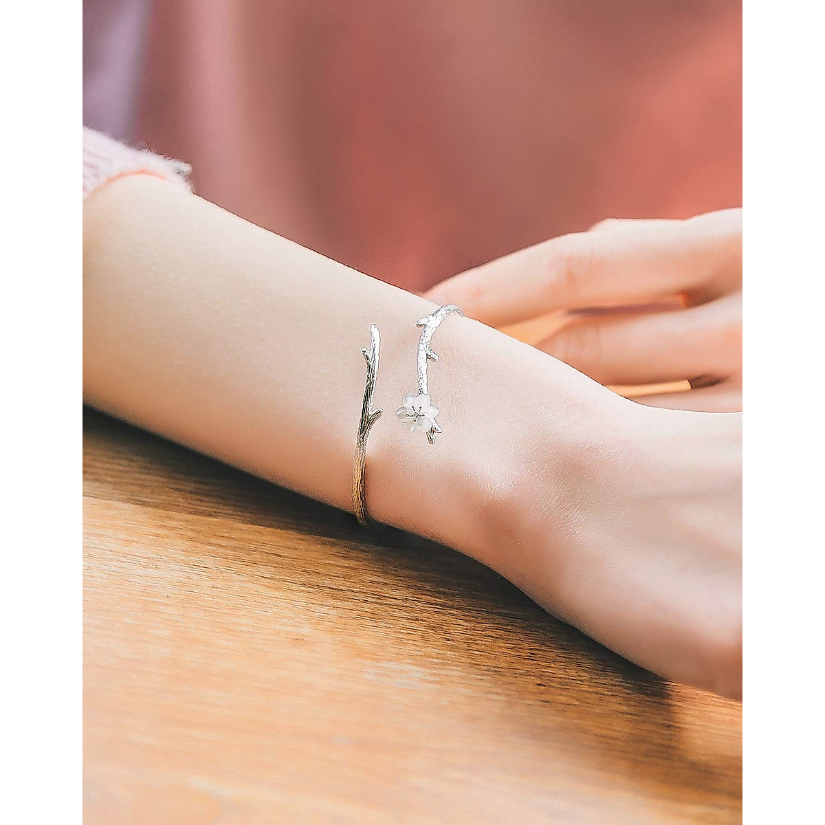 Jewever 925 Sterling Silver Original Sakura Opening Bracelet Adjustable White Shell Carving Flower For Women Jewelry Gift