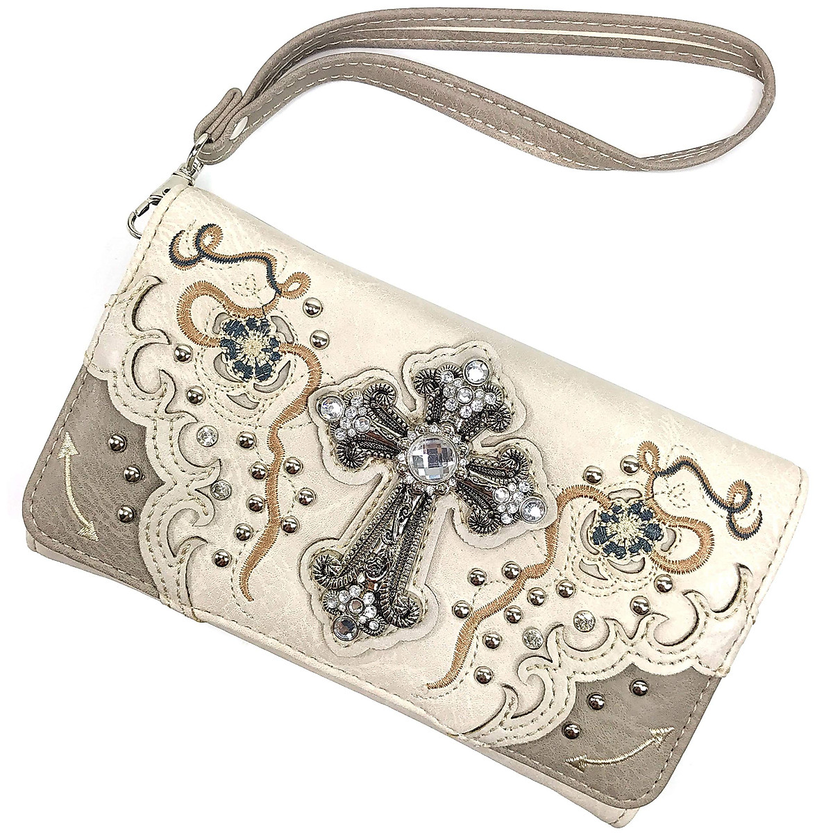 Zelris Floral Poppy Cross Western Women Crossbody Wrist Trifold Wallet (Beige Silver)