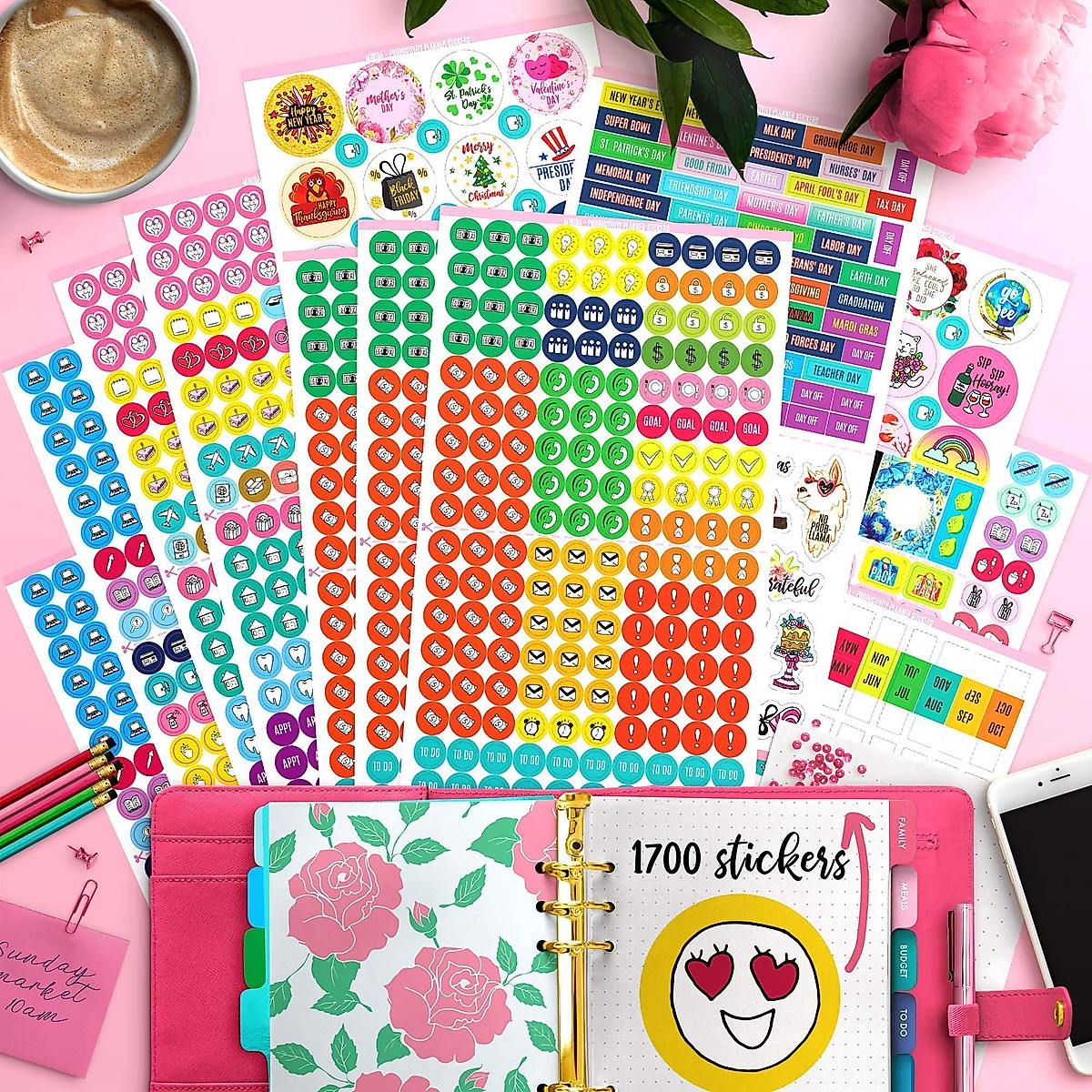 Mirida Planner Stickers – 1700 Productivity Mini Icons for Adults Calendar – Work, Daily To Do, Budget, Family, Holidays, Journaling – Variety Pack with Monthly Tabs