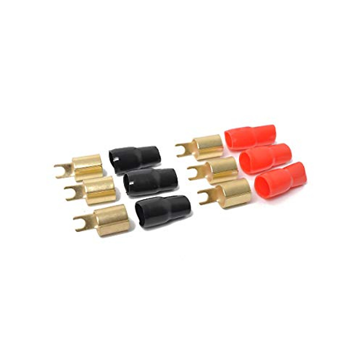 3 Pairs Copper Gold Plated 0 Gauge Spade Terminal Crimp Connectors Adapters Crimp Barrier Spades for Speaker Wire Cable Terminal Plug - 0GA (Red and Black)