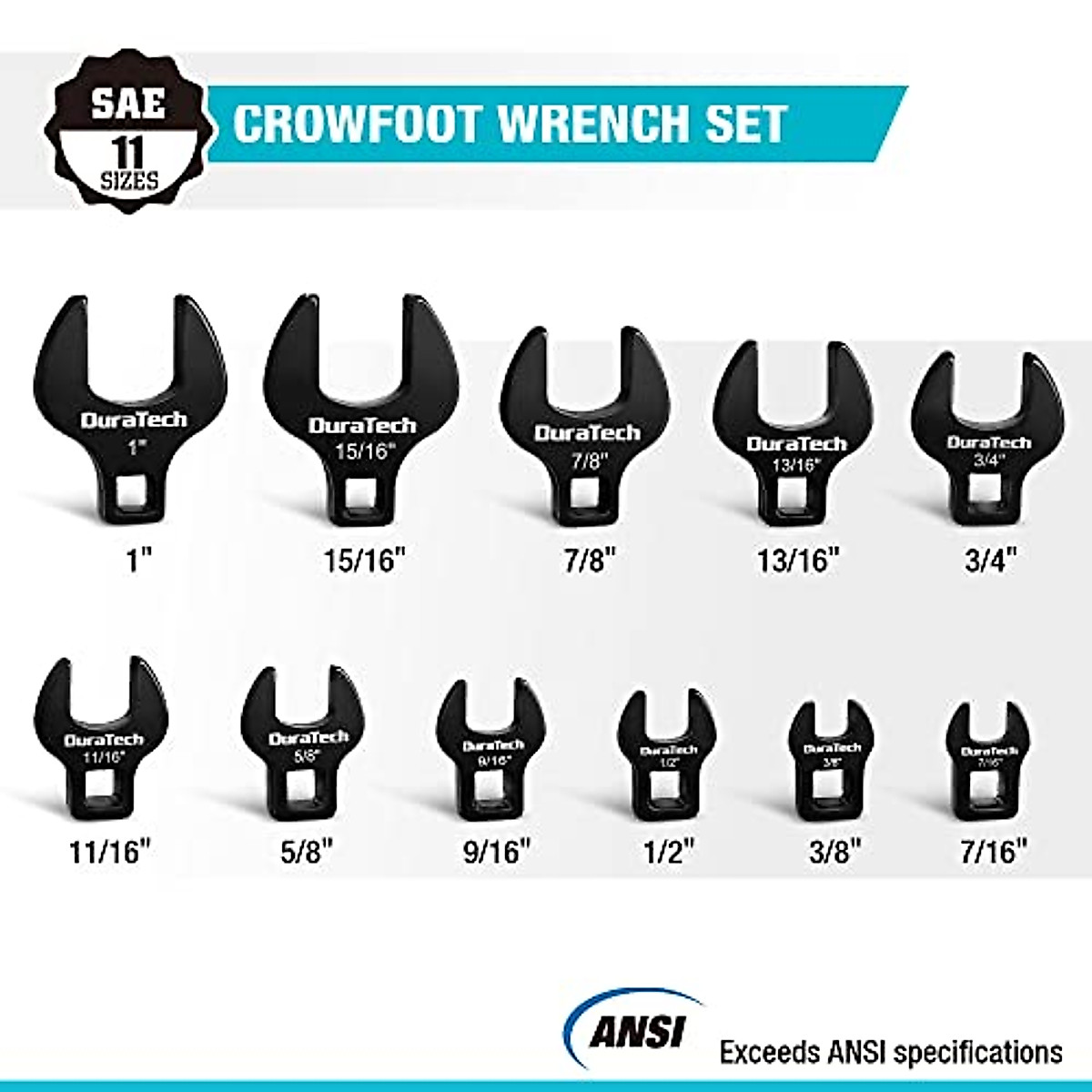 DURATECH Crows Foot Wrench Set 3/8" Drive, 11PCS CR-V Steel, Large SAE 3/8"-1" Crowfoot Flare Nut Wrench Set with Storage Tray, for Automotive Repair Work Hard-To-Reach Areas…