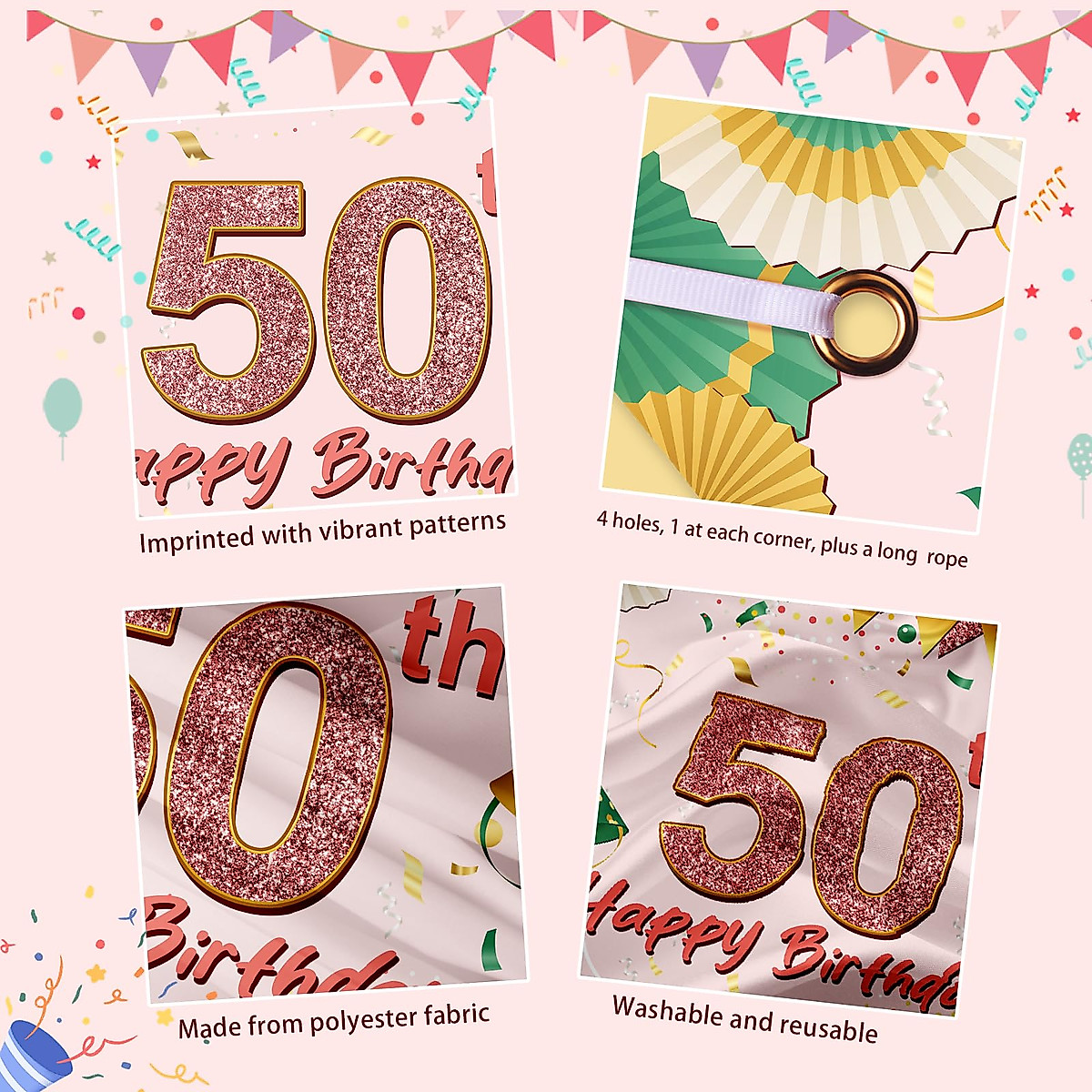 Bing-Haoze 50th Happy Birthday Backdrop - 71" x 44" Pink Happy Birthday Decorations Banner Party Decorations Supplies for Women Unforgettable 50th Birthday Celebrations!