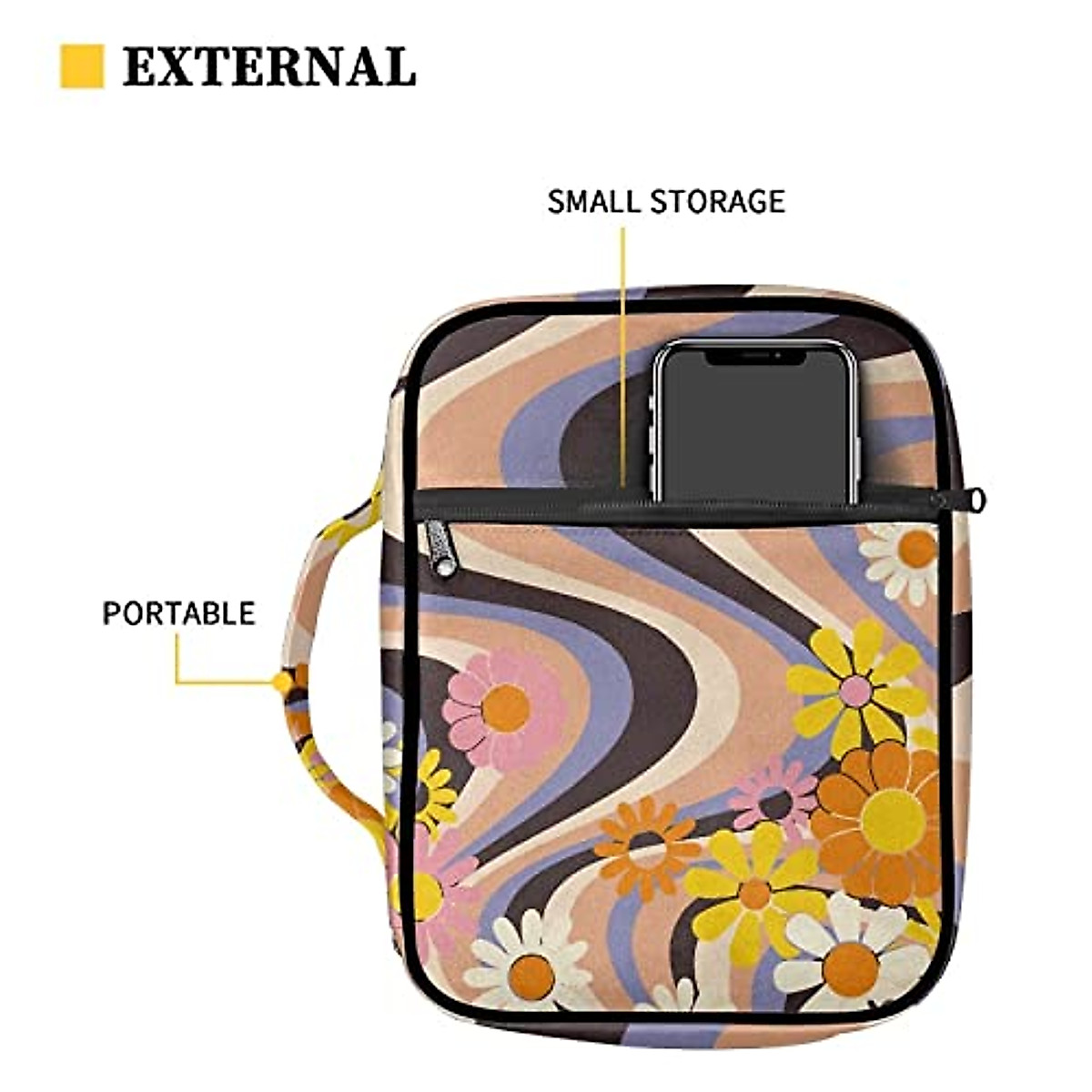 Drydeepin 70S 80S Wavy Swirl Hippie Daisy Flower Floral Pattern Abstract Bible Cover for Women Bible Book Carrying Case Portable Zippered Bible Bags and Tote Church Accessories Study Supplies