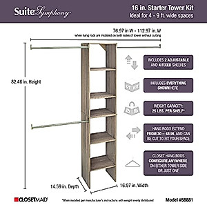 ClosetMaid SuiteSymphony Wood Closet Organizer Starter Kit with Tower and 3 Hang Rods Shelves, Adjustable, Fits Spaces 4 – 9 ft. Wide, Natural Gray, 16"
