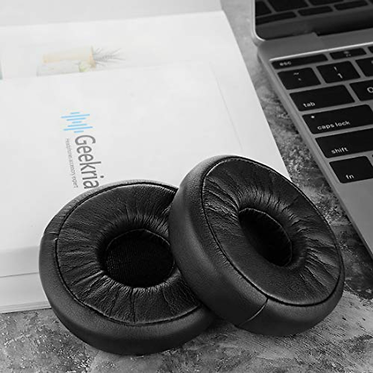 Geekria QuickFit Protein Leather Replacement Ear Pads for AKG N60NC Wireless Headphones Earpads, Headset Ear Cushion Repair Parts (Black)