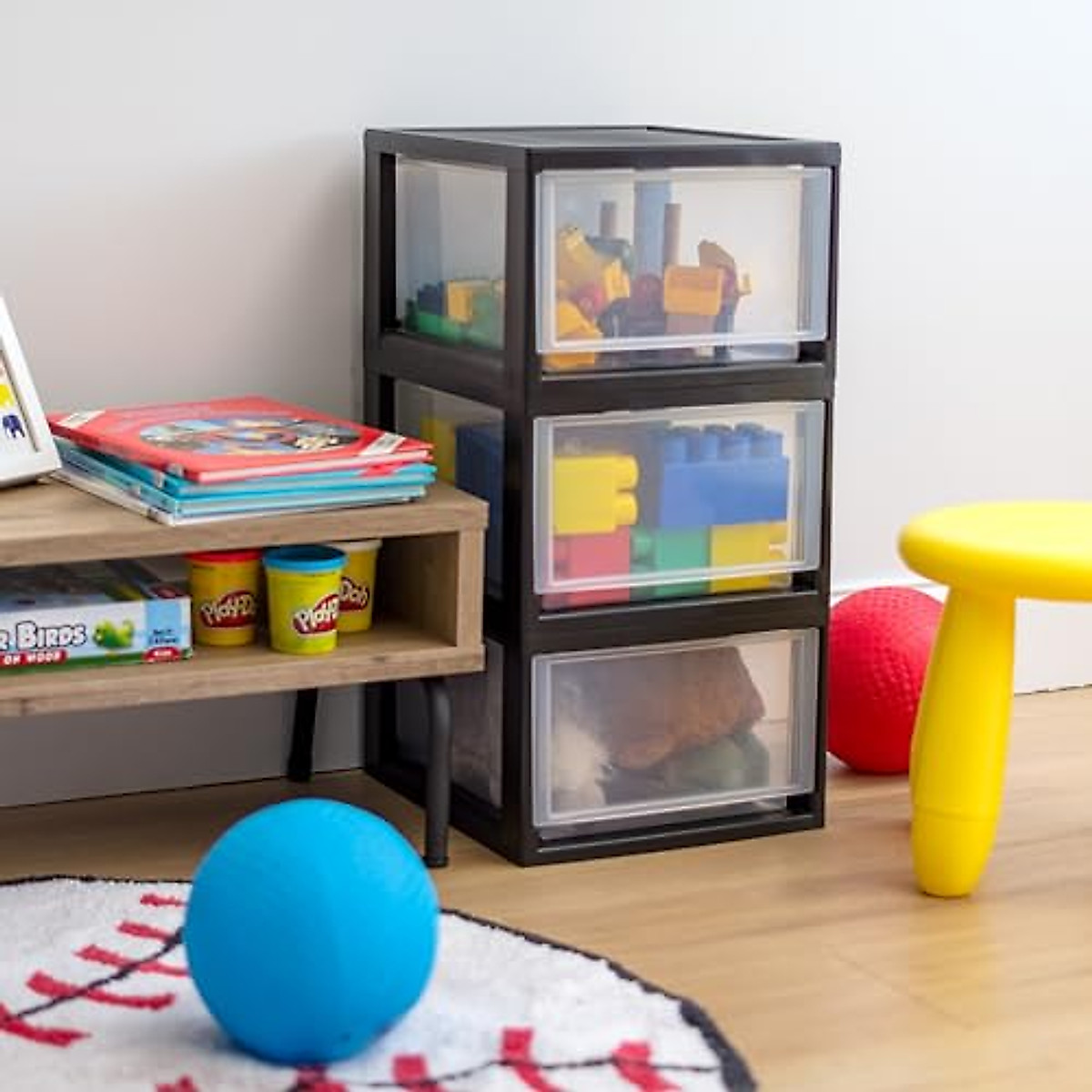 IRIS USA 14.5 Qt. Plastic Drawer Storage Organizer Stacking Drawers, 3-Pack, Stackable Unit with Sliding Drawer for Clothes Bedroom Kitchen Under Sink Pantry Craft Room Bathroom Dorm Office, Black