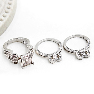 Uloveido 3Pieces Bridal Wedding Engagement Heart Rings Set Platinum Plated Jewelry Stacking Rings Set for Women Girls Anniversary Ring Gift with Cubic Zirconia Stons Y451 (7)