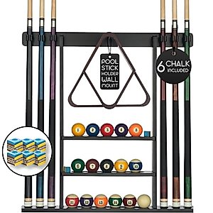 Pool Cue Rack - Pool Stick Holder Wall Mount With 16 Ball Holders & 6 Pack Of Chalk - Rubber Circle Pads & Large Clips Prevent Damage - Compact Billiard Table Accessories For Man Cave (Black)