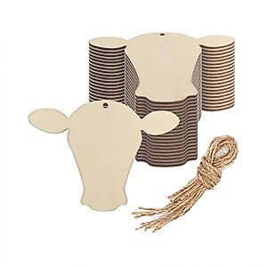 20pcs Cow Head Wood DIY Crafts Cutouts Wooden Cow Head Shaped Hanging Ornaments with Hole Hemp Ropes Wood Tags for Baby Shower Wedding Birthday Christmas Party Farmhouse Decorations