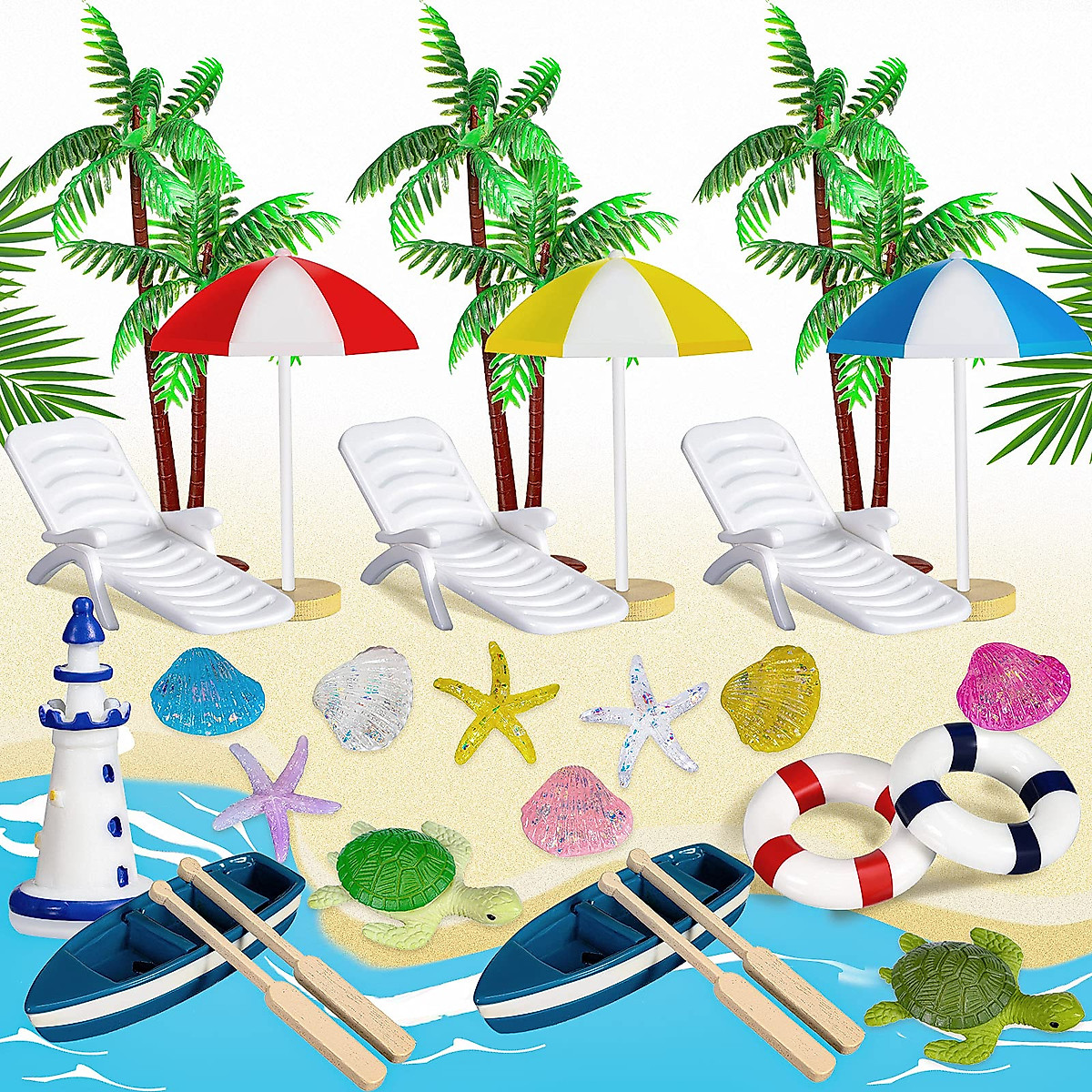 Burbell 24 Pieces Beach Style Miniature Ornament Set, Miniature Garden Doll House Cake Topper Decoration, Fairy Garden Accessories Micro Landscape Ornaments for DIY Fairy Garden Dollhouse Plant Decor