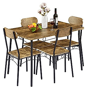 VECELO 5 Piece Dining Table Set, Metal and Wood Rectangular Kitchen Bar Breakfast Nook, Dinette with 4 Chairs, Room, Brown