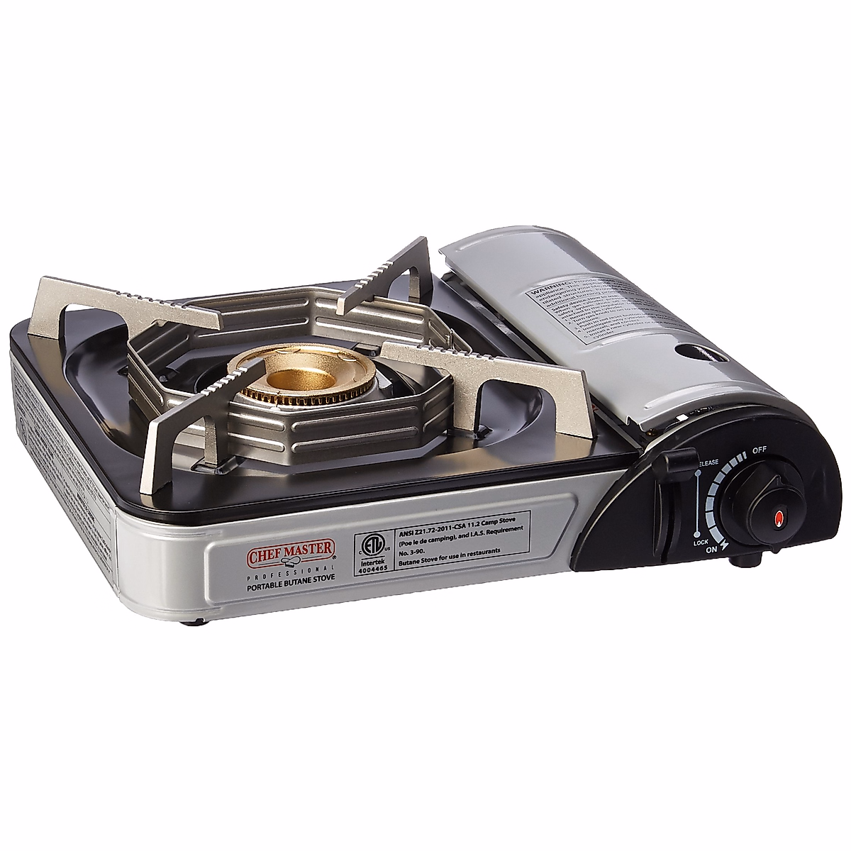 Chef Master 90011 Butane Countertop Stove ONLY, Portable Camping Stove 10,000 BTU Output Brass Burner, Piezo Ignition Portable Stove with High-Impact Carry Case for Emergency Use & Outdoor Cooking