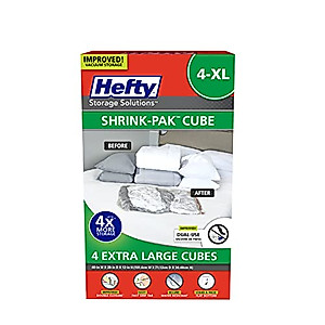 Hefty Shrink-Pak – 4 Extra Large Vacuum Seal Storage Bags – Space Saver Bags for Clothing, Pillows, Towels, or Blankets, 4 x XL Cubes