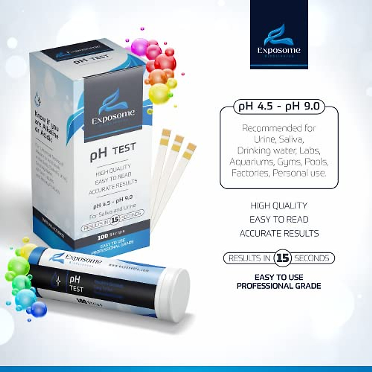 Exposome BioSciences pH Test Strips.(100 Pack).Universal Tests for Alkaline or Acid Levels in Body(Saliva & Urine),Drinking Water,Clear Liquids,Beauty Products. Statistically Significant Test Results.