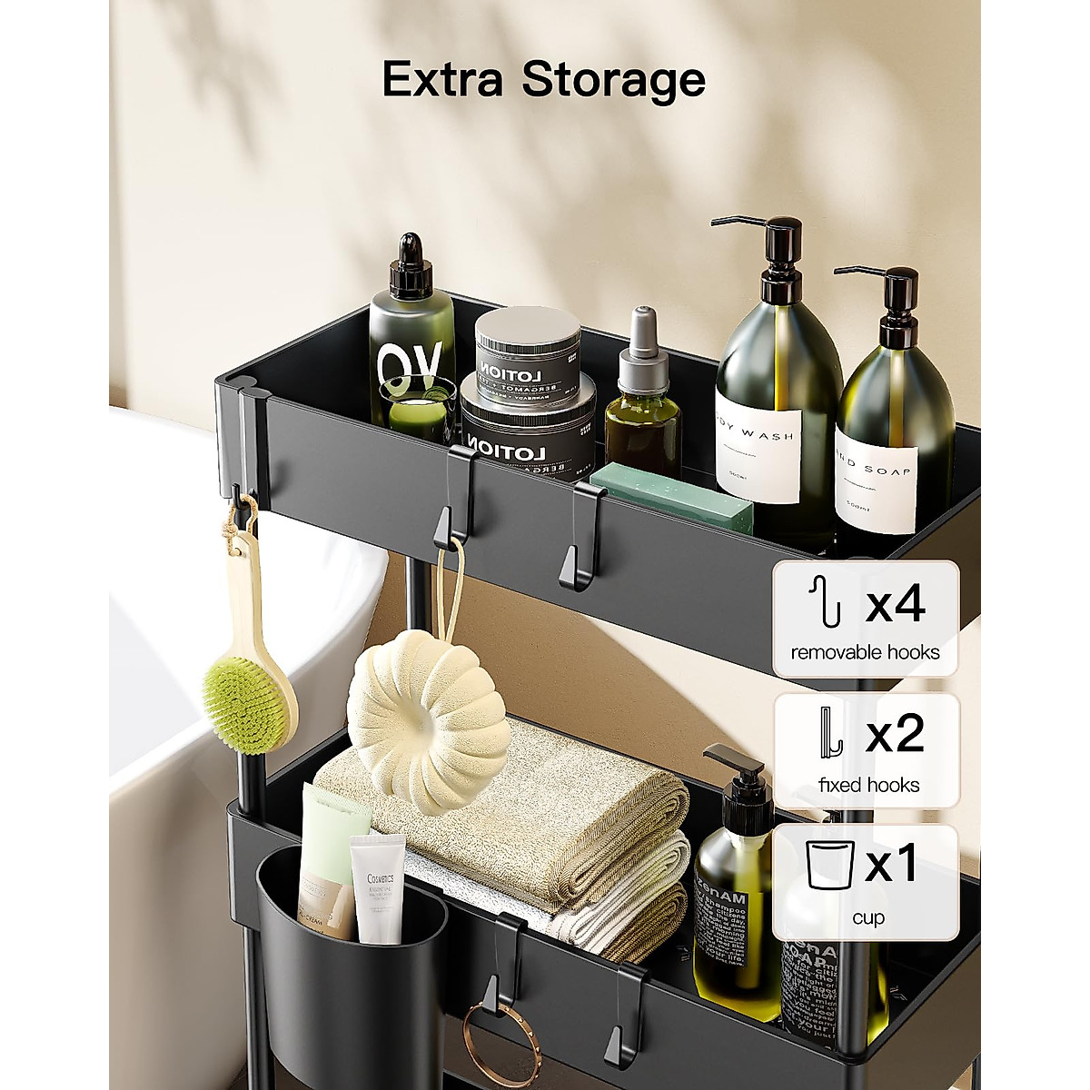 Pipishell Slim Storage Cart with Wheels, Bathroom Cart Organizer Bathroom Storage Small, Rolling Cart for Bathroom, Laundry Room, Kitchen, Narrow Space, Black PIUC04