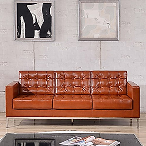 Flash Furniture HERCULES Lacey Series Contemporary Cognac LeatherSoft Sofa with Stainless Steel Frame