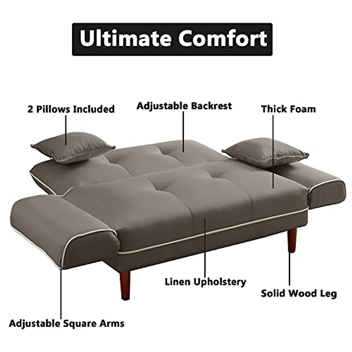 Convertible Futon Sofa Bed with 2 Pillows, Small Loveseat Sleeper Sofa Futon Couch, Recliner Couch with Adjustable Armrest and Wood Legs, Living Room Sofa with 5-Angle Backrest for Small Space (Grey)
