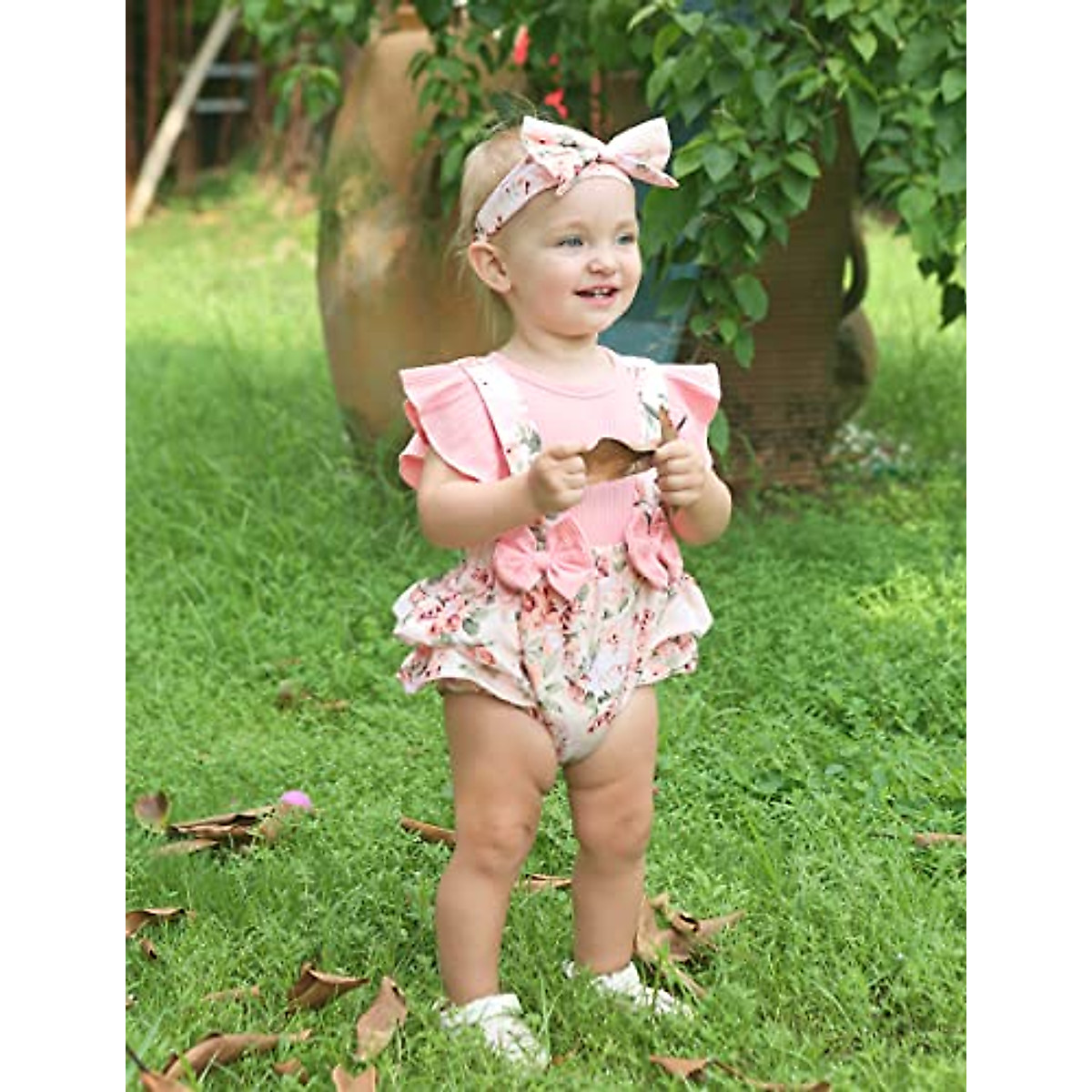 Kiluex Newborn Baby Girl Clothes Summer Romper Ruffle Sleeve One-Pieces Jumpsuits Bodysuit Infant Outfits with Headband (Pink, 3-6 Months)