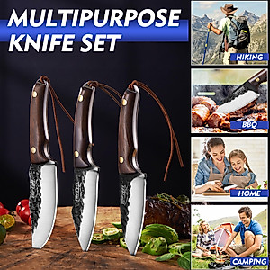 Topfeel 3PCS Viking Knife Set with Sheath Hand Forged Boning Knife Butcher Meat Cleaver Knife Japan Kitchen Knife for Home, Outdoor, BBQ, Camping Father Day