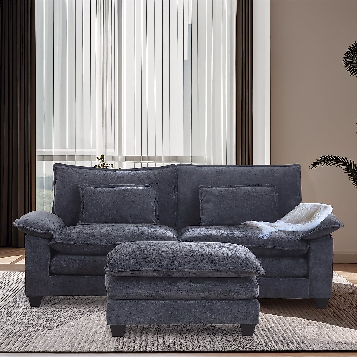 88.97" Living Room Sectional Cloud Couch, Modular Sectional Modern Sofa, 2-Seat Sectionals in Chenille, Loveseat with Ottoman, L Shaped Convertible Sofa Bed with Chaise (Beige Black, 88.97")