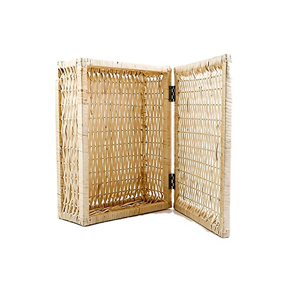 KINGWILLOW Wicker Basket with Lid, Rectangular Wooden Framed Woven Storage Bin with Inside Handles