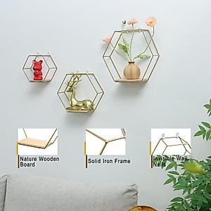 REFSAVER Hexagon Shelves for Wall,Gold Geometric Floating Shelves Wall Decor,Multi-use Metal Wire Wall Display Shelves,Hanging Wall Decor for Bedroom Living Room Kitchen Office,3 Pack,Gold