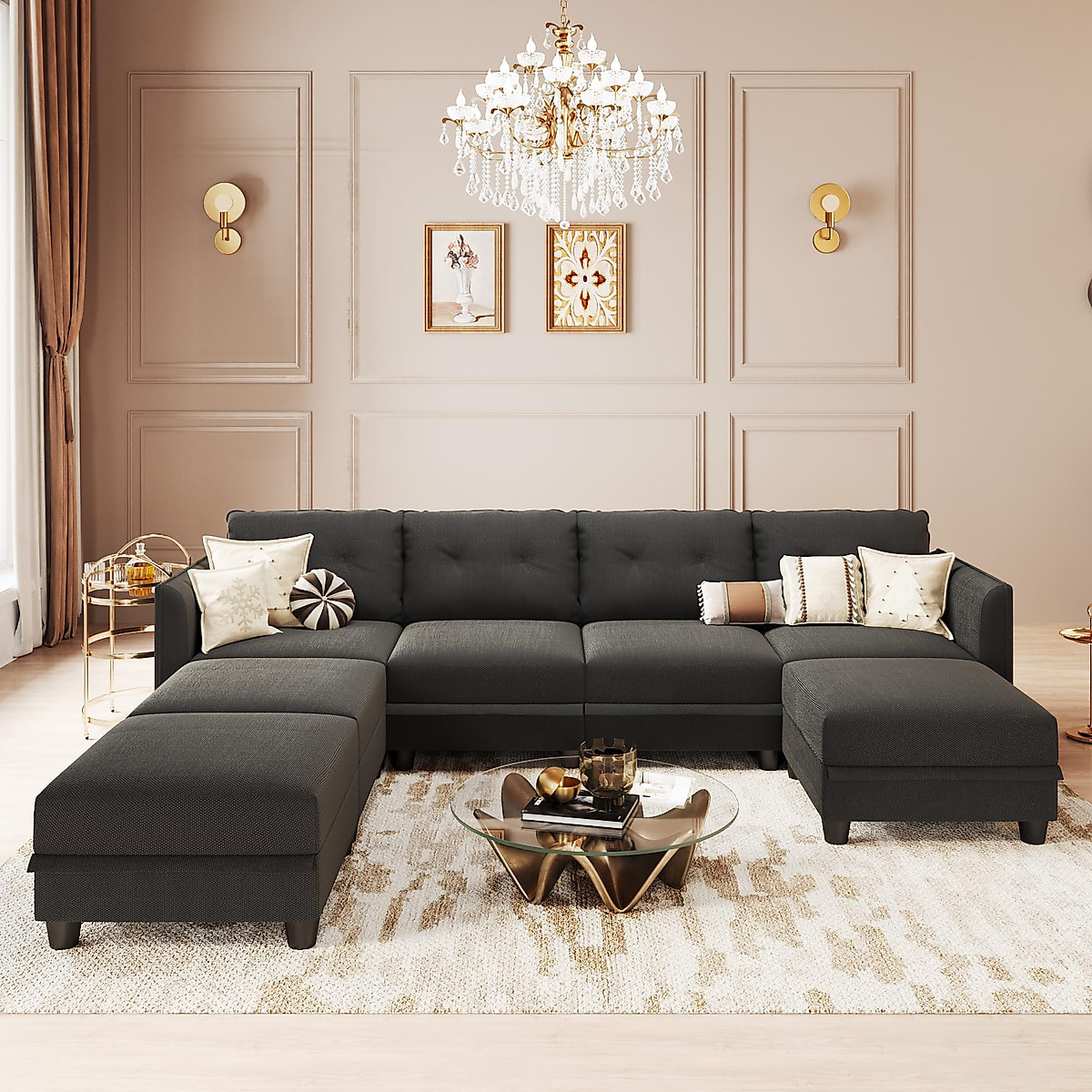 LLappuil Modular Sectional Sofa with Storage U Shaped Couch with Reversible Chaise Luxury Velvet Sofas for Living Room 4 Seats with 3 Ottomans Denim Black Grey