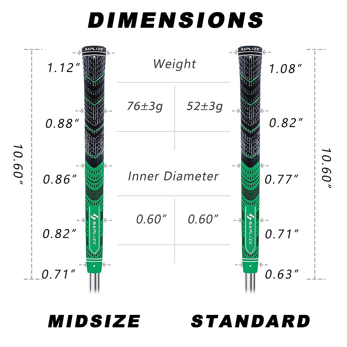 SAPLZIE Hybrid Rubber Golf Grips 13 Pack, All Weather Design, 13 Grips with All Kits, Multi-Compound Hybrid Golf Club Grips, CL04 Series, Standard Size, Green