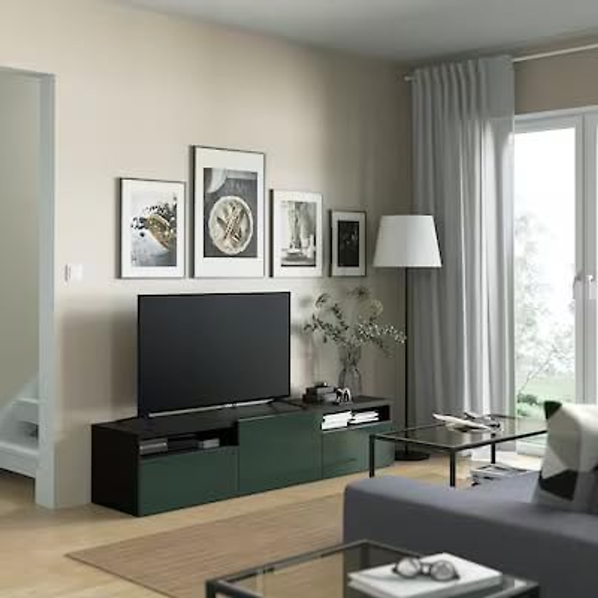 TV Unit with Drawers and Door,Black-Brown/Selsviken Dark Olive-Green, 70 7/8x16 1/2x15 3/8 "