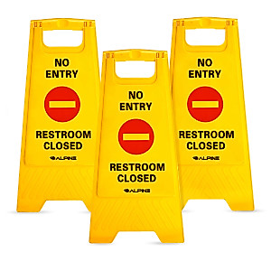 Alpine Industries Two-Sided Fold-Out No Entry - Restroom Closed Signs, 3-Pack - Foldable Indoor and Outdoor Black on Yellow Signage - Commercial Standing Floor Boards for Bathrooms