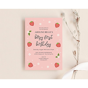 Hello Love Goods Berry First Birthday Party Invitations, 4.25x5.5 or 5x7 Personalized Strawberry 1st Birthday Invites with Envelopes