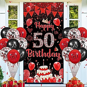 Red 50th Birthday Party Decorations for Women Men Red Black Balloons Banner Supplies Happy 50th Birthday Banner and 18pcs 50th Birthday Balloons Set for 50 Years Old Birthday Anniversary Party Decor