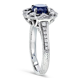 Kobelli Antique Style Round Blue Sapphire and Diamond Vintage Style Engagement Ring 1 1/2 Carat (ctw) in 14k White Gold, Size 9.5