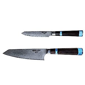 Ergo Chef Limited Series 2pc. Damascus Japanese VG10 8-inch Kiritsuke Knife and 5 inch Utility knife Set, Ebony and Blue Stabilized Wood Handles Includes Wooden Gift/Storage Box