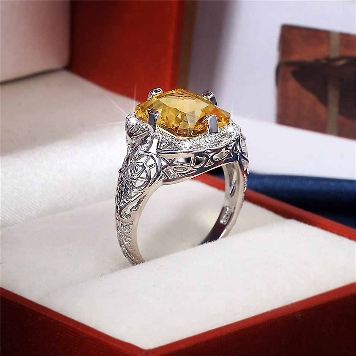 925 Sterling Silver Shining Citrine Ring Square perfect Cut 3Ct Cubic Zirconia Promise Rings CZ Yellow Gemstone Solitaire Ring Eternity Engagement Wedding Band Ring Sets for women TZ.74 (US Code 9)