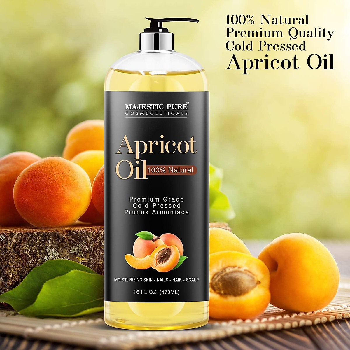 MAJESTIC PURE Apricot Oil, 100% Pure and Natural, Cold-Pressed, Apricot Kernel Oil, Moisturizing, for Skin Care, Massage, Hair Care, and to Dilute Essential Oils, 16 fl oz