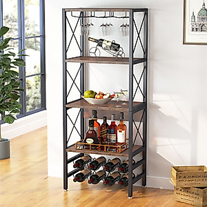 Tribesigns Wine Bakers Rack, 4-Tier Industrial Wine Rack freestanding Floor with Glass Holder and Wine Storage, Wine Bar Cabinet with Storage for Home Kitchen Dining Room, Rustic Brown