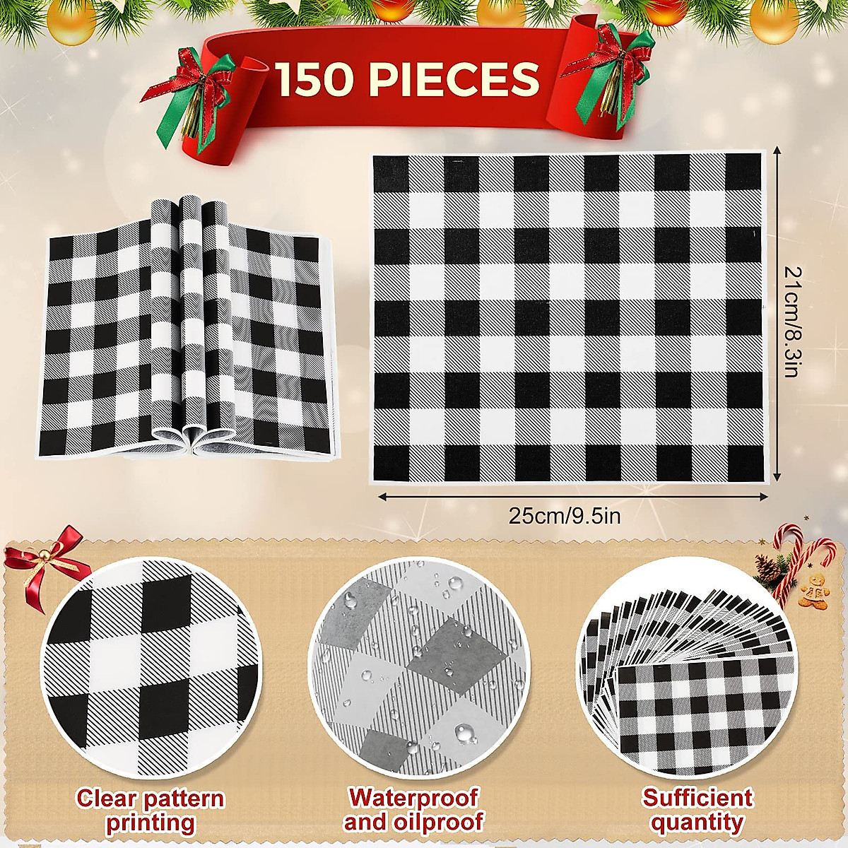 150 Pieces Wax Paper Sheets Christmas Wrap Paper Grease Resistant Paper Liners Greaseproof Paper Food Wrap Wrapping Tissue Sandwich Wrap Paper for Restaurant Food Supplies (Black White Plaid Style)