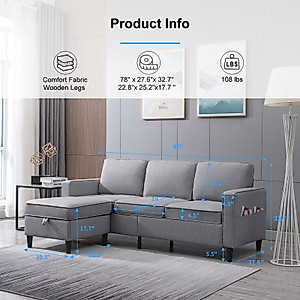 ADOWORE 90inch l Shape Couch for Living Room,3-Seater L Shape Sectional Couch L Shape for Small Space,Small Convertible Sectional Sofa w Ottoman for Apartment