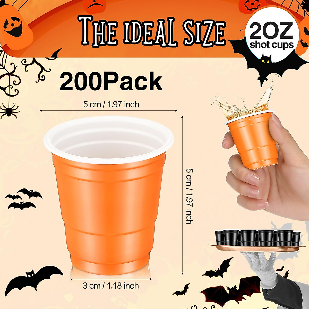 Sliner 200 Pcs Halloween Plastic Shot Cups Bulk Mini Shot Glasses 2 oz Cups Small Disposable Glasses for Christmas Birthday Party BBQ Drinking Taste Serving(Orange, Black)