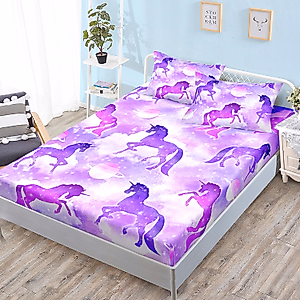 HOSIMA Purple Unicorn Bedding Sets for Girls Kids,Planet Cloud Unicorn Fitted Sheets Twin Bedding Set,Soft Microfiber Princess Toddler Bed Sheet Set with 15-Inch Deep Pockets.